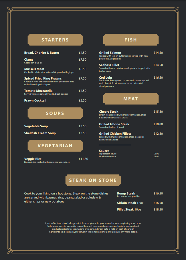 Cheers Restaurant Menu | Steak House in Thetford & Bury St Edmunds